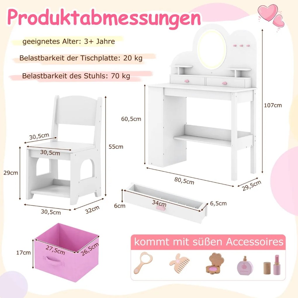 Costway Dětský toaletní stolek s osvětlením Sada toaletního a židlí Princess s 2
