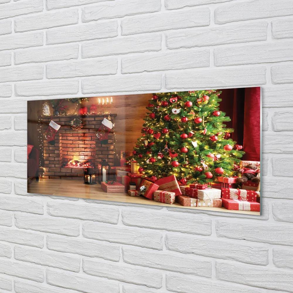 akrylový obraz Krbová dárky vánoční stromky 120x60 cm