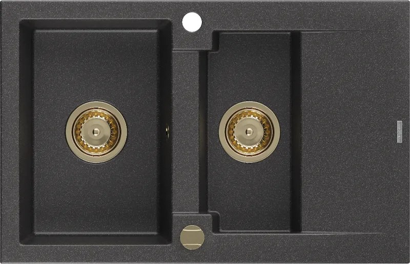 Mexen Gaspar, granitový dřez 737x475x177 mm, 1,5-komorový, černá skvrnitá se zlatým sifonem, 6507731505-76-G