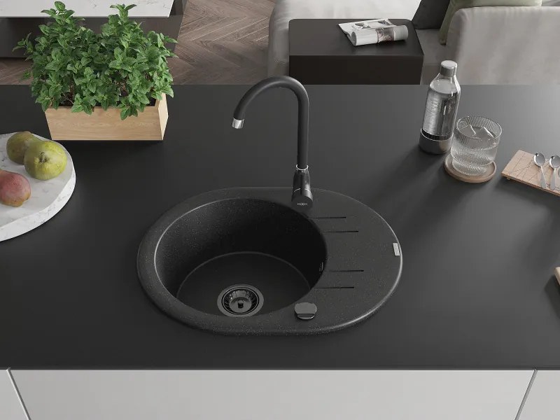 Mexen Kevin, granitový dřez 586x458x190 mm, 1-komorový, černá-stříbrná metalíza s černým sifonem, 6517581005-73-B