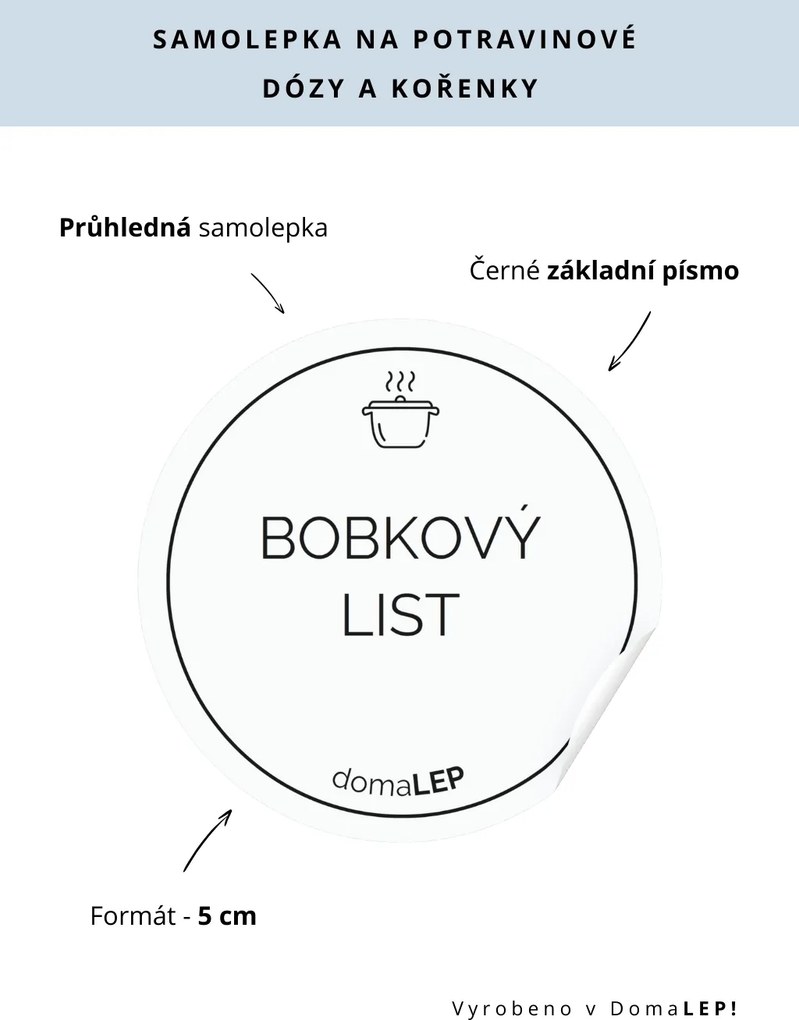 Samolepka na kořenky BOBKOVÝ LIST průhledná 5 cm základní písmo