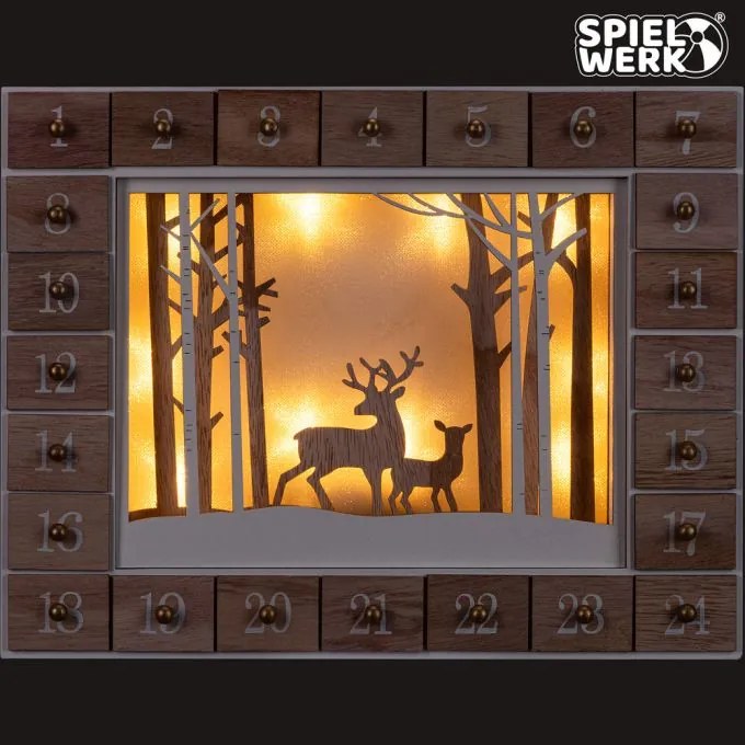 Dřevěný adventní kalendář ZIMNÍ LES s osvětlením, 35x6x27cm, bílá/hnědá Spielwerk