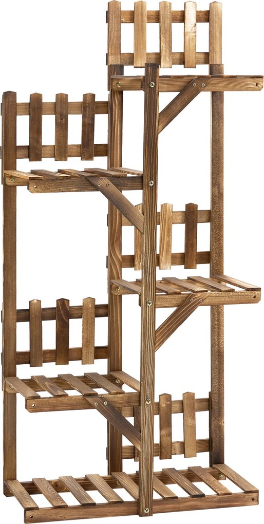Dřevěný květinový regál Outsunny s 5 policemi - stojan na květináče, ornament s malými zábranami 60 x 30 x 130 cm z karbonizovaného borového dřeva pr…