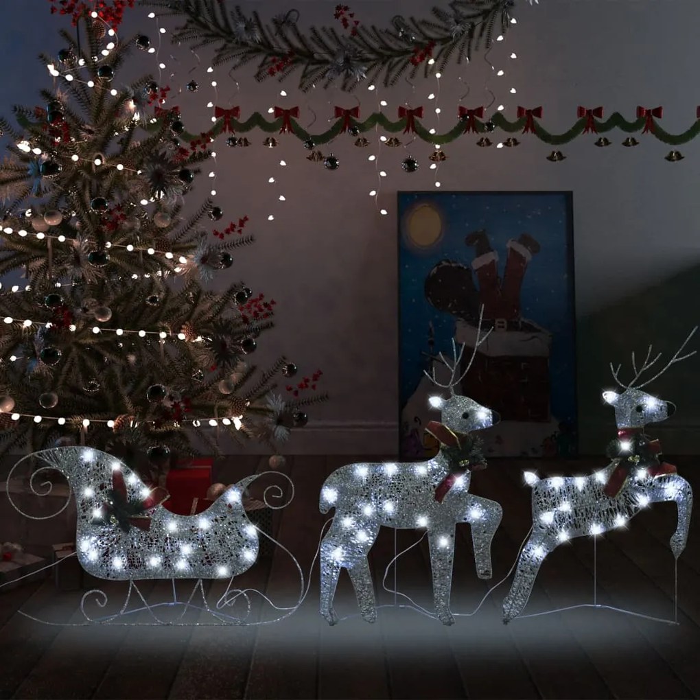 289978 vidaXL Vánoční dekorace sobi a sáně 60 LED venkovní stříbrná