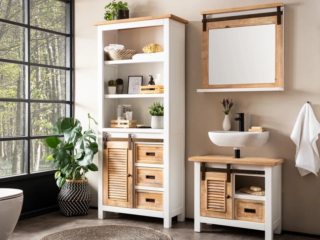 furniture-nabytek.cz - Masivní koupelnové zrcadlo Caprino z borovice a MDF, lakované, bílé/hnědé – 70x70 cm