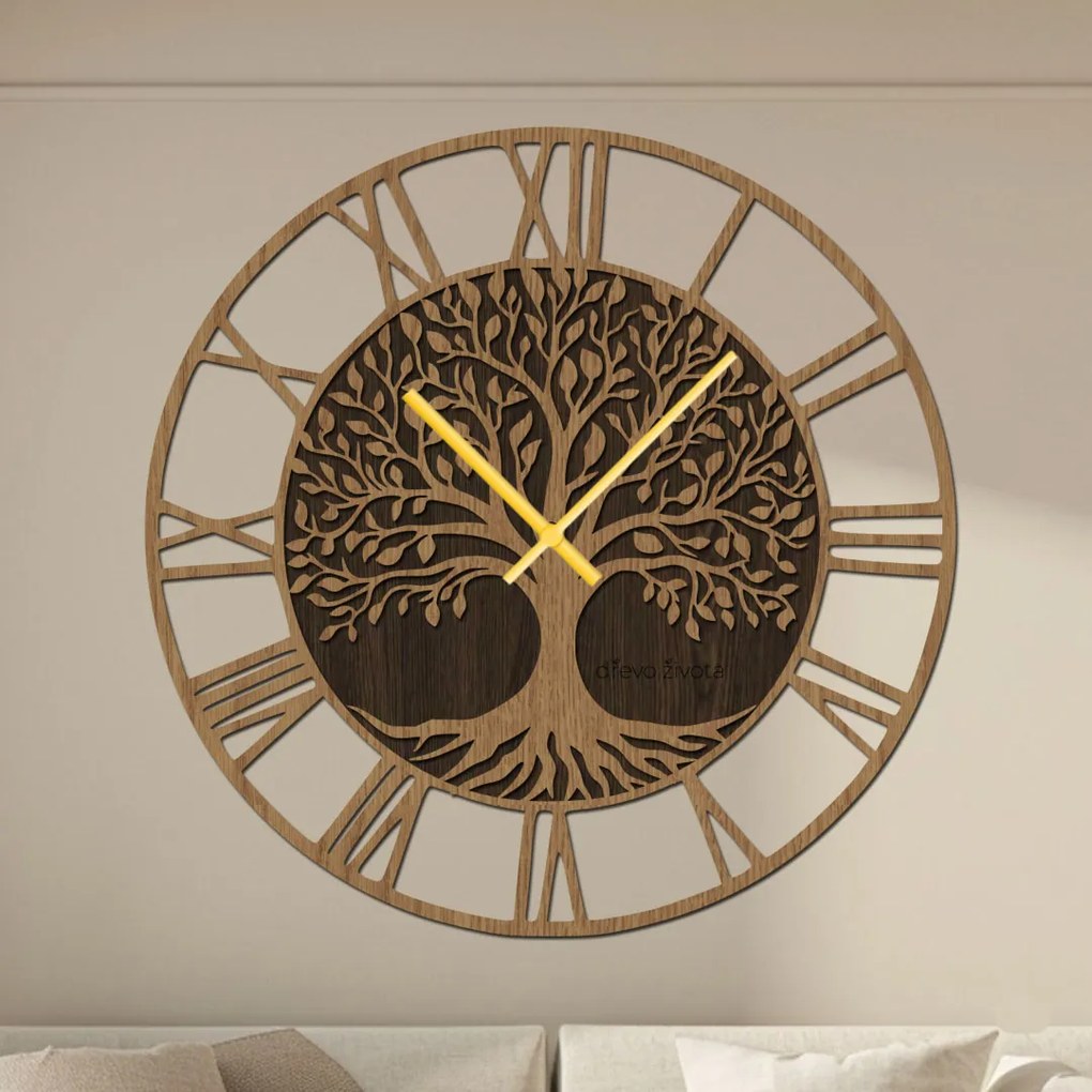dřevo života Nástěnné hodiny STROM Zvolte barvu dekoru: Dub zlatý, Zvolte velikost hodin (cm): 35x35, Barva ručiček: Zlaté