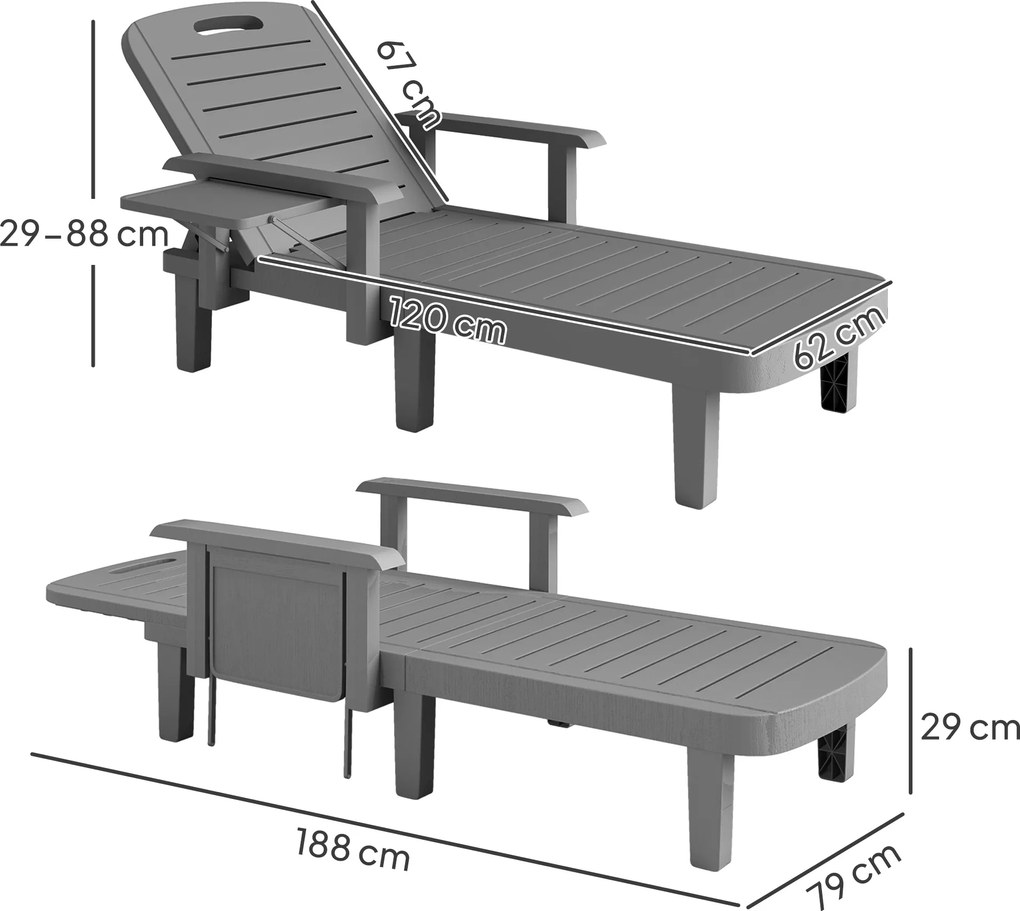 Lehátko Zahradní lehátko s postranním stolkem Lehátko s dřevěným vzhledem a opěradlem nastavitelným v 5 směrech Tmavě šedá barva
