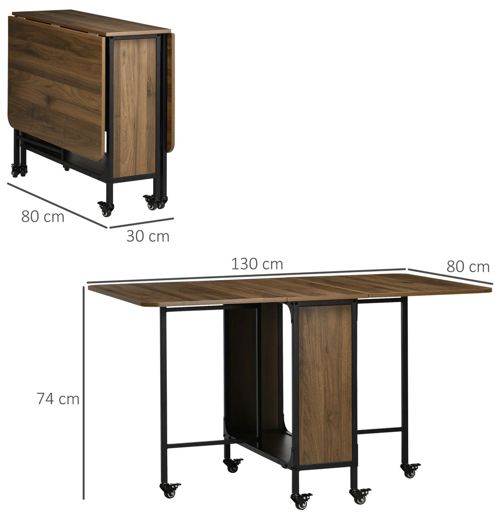 Jídelní stůl HOMCOM skládací pojízdný pro 6 osob, úložný prostor pro malé místnosti, do 50kg, 130x80x74cm, světle hnědý