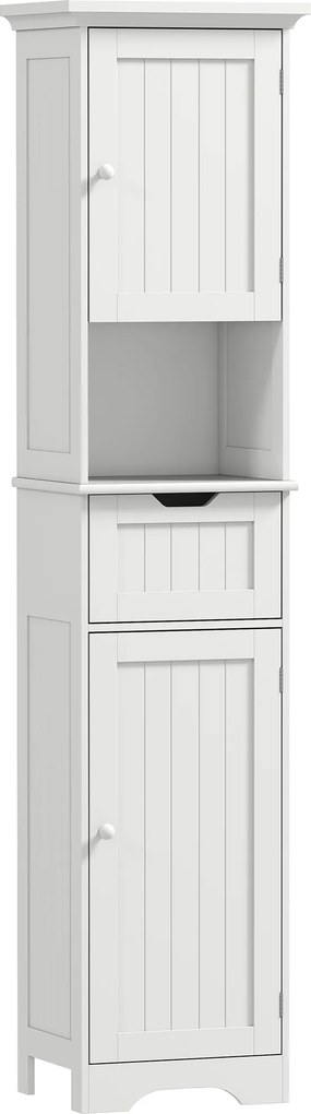 HOMCOM dřevěná koupelnová skříňka se dvěma skříňkami a senzorem, otevřená přihrádka a zásuvka, 40x30x170 cm, bílá