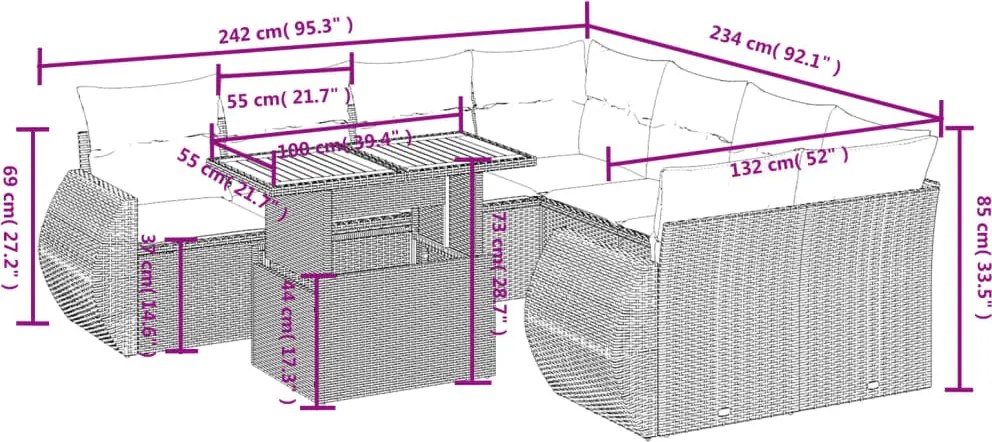 9dílná zahradní sedací souprava s poduškami černá polyratan 3272120