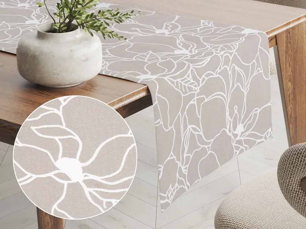 Biante Bavlněný běhoun na stůl Sandra SA-270 Bílé designové květiny na béžovém 20x180 cm