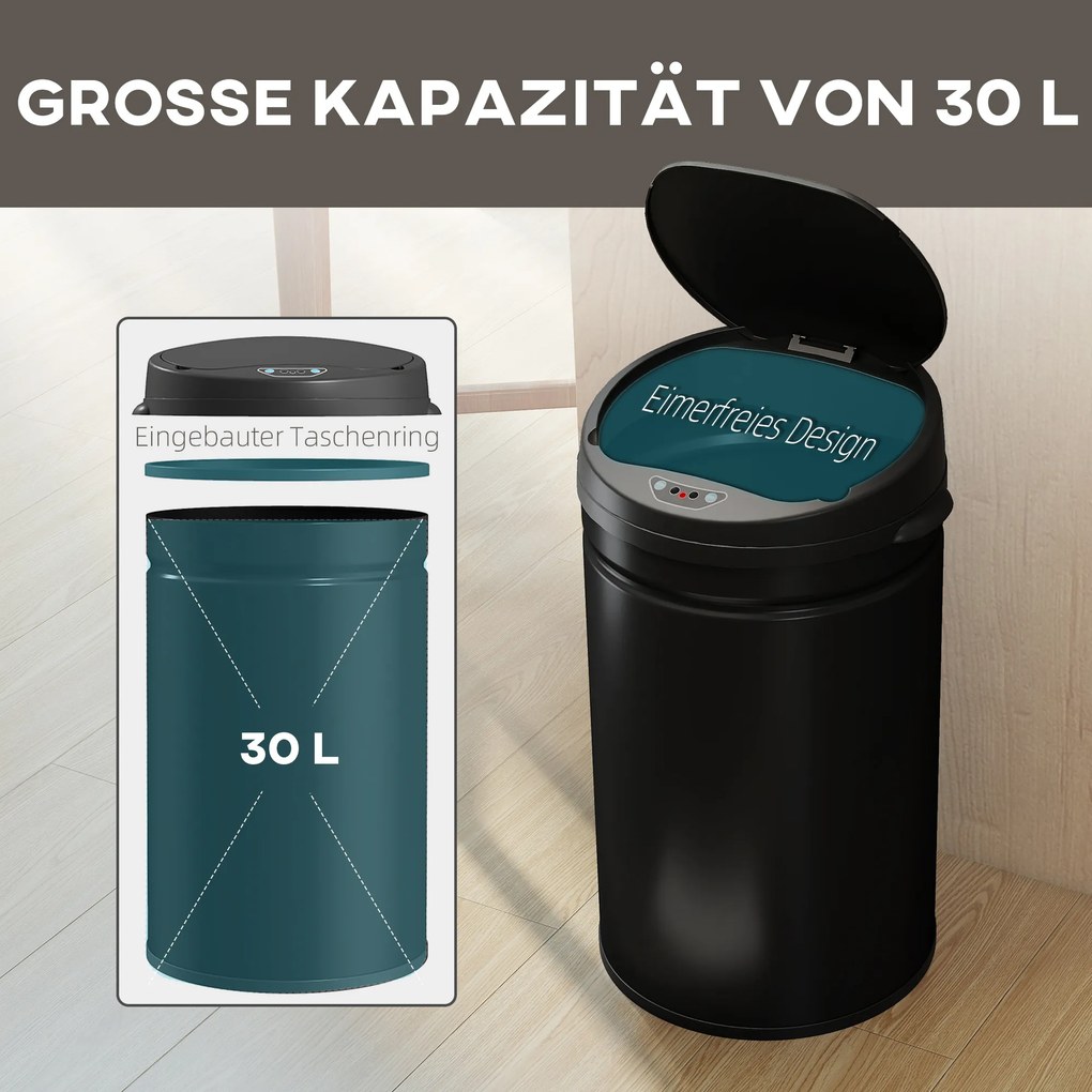 HOMCOM senzorový odpadkový koš o objemu 30 litrů s funkcí jemného zavírání, bezdotykový odpadkový koš z nerezové oceli pro hygienické kuchyně 851-048…
