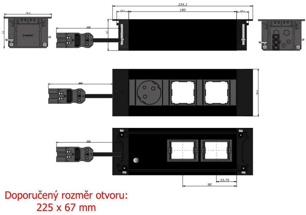 IBConnect Vestavná zásuvka INTRO černá - různé konfigurace Konfigurace elektrozásuvky: 2x230V + USB nab. C (60W) + Modul