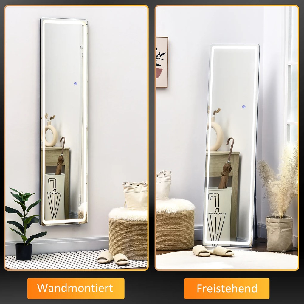 HOMCOM stojací zrcadlo 2 v 1 s LED světlem, volně stojící, hliník, nastavitelný světelný zdroj, 40 cm x 37 cm x 157,5 cm