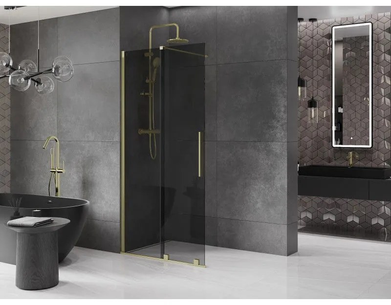Mexen Velar, sprchová zástěna s posuvnými dveřmi Walk-in 90 x 200 cm, 8mm šedé sklo, zlatá matná, 871-090-000-43-55