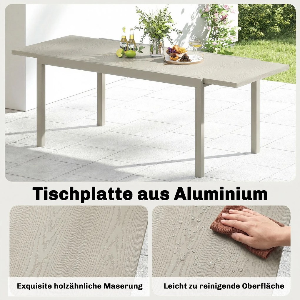 Zahradní stůl Rozkládací hliníkový jídelní stůl 154/214 x 85 cm pro 8-10 osob se světle šedým vzhledem dřeva