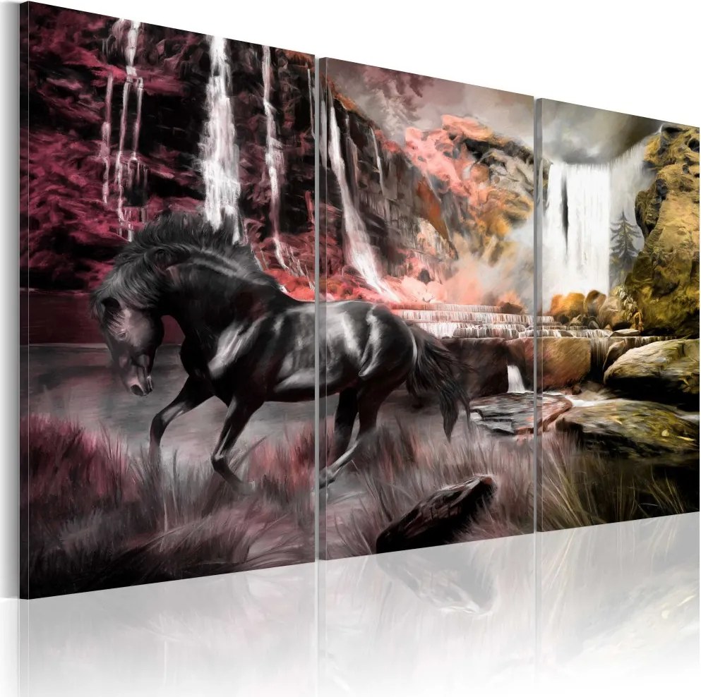 Obraz na plátně Bimago - Black horse by a waterfall 60x40 cm