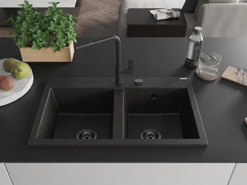 Mexen Hektor, 2-komorový granitový dřez 800x480x205 mm, černá-zlatá metalíza, grafitový sifon, 6521802000-75-B
