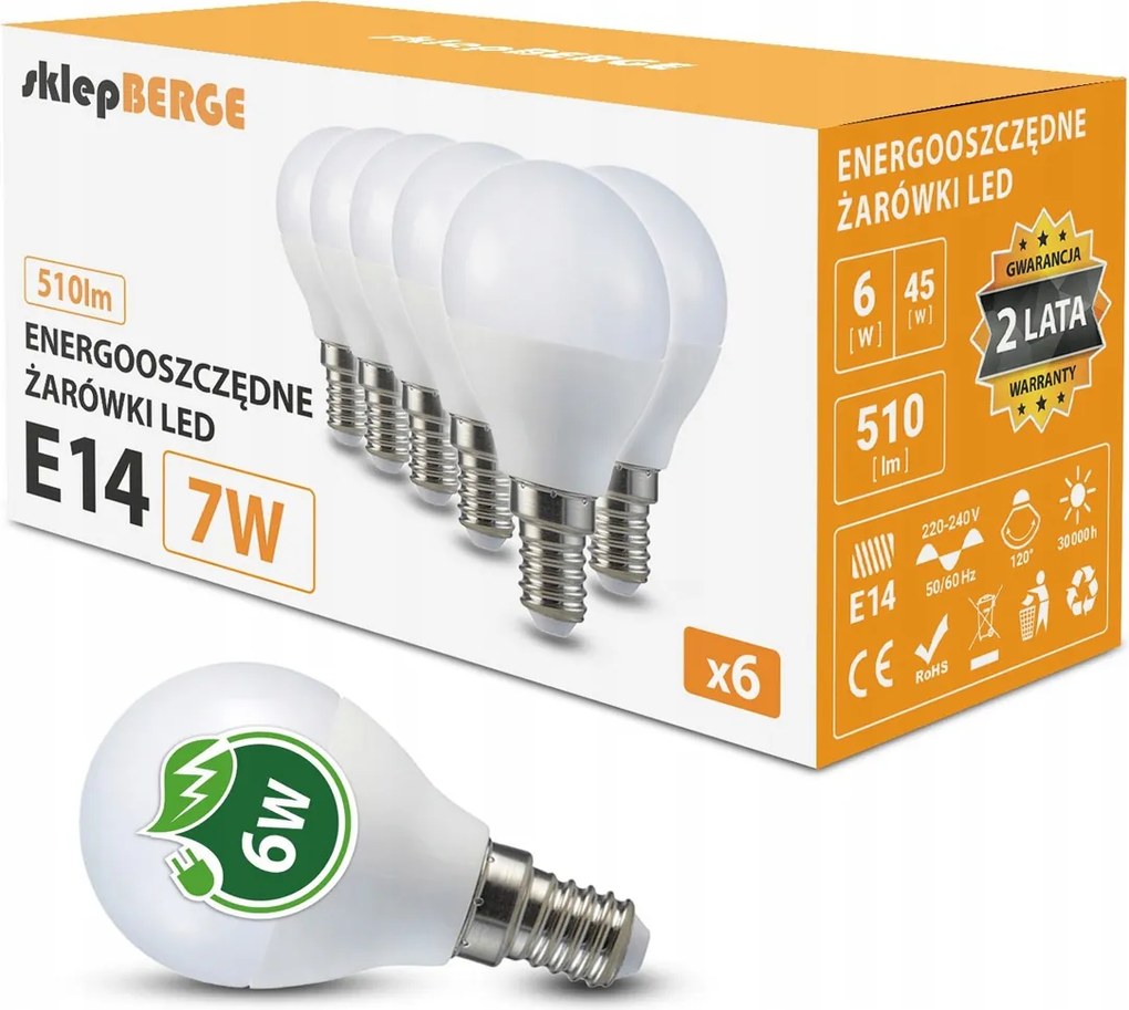 6x LED žárovka E14 g45 7W 620lm - studená bílá
