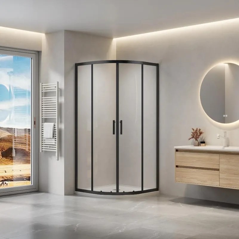 Erga Peoria, čtvrtkruhový sprchový kout s posuvnými dveřmi 80(dveře) x 80(stěna) x 190 cm, 6mm čiré sklo, černý profil, ERG-Q02-PEORIA-D080D080-CL-BK