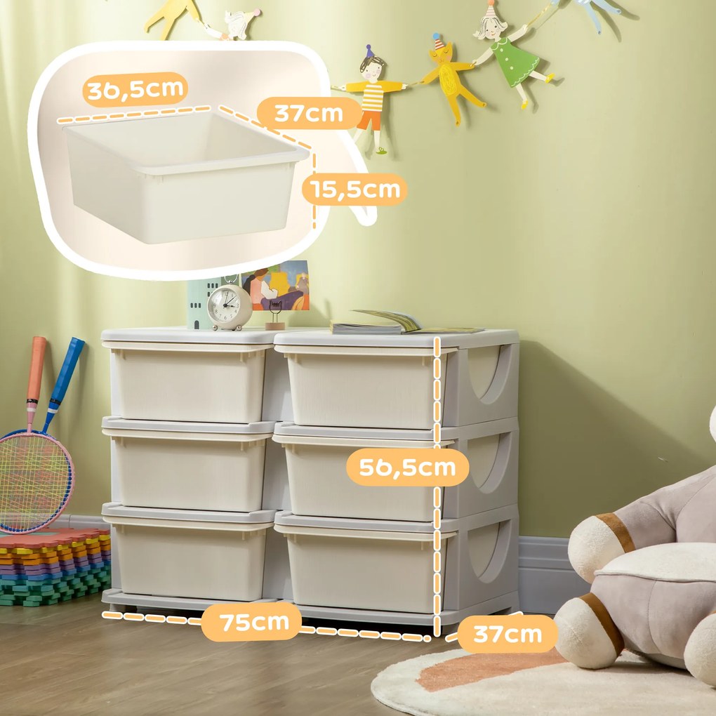 HOMCOM Plastový úložný box, 6 zásuvek, organizér na hračky, malá zásuvková skříňka pro děti, krémově bílá