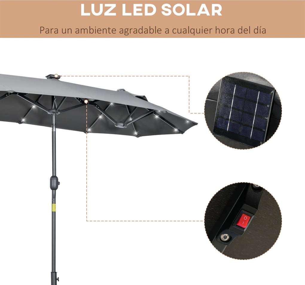 Outsunny Dvojitý slunečník 295x150x219 cm s LED solárními světly, nastavitelné sklopení a manuální klička pro terasu, bazén a pláž, šedý