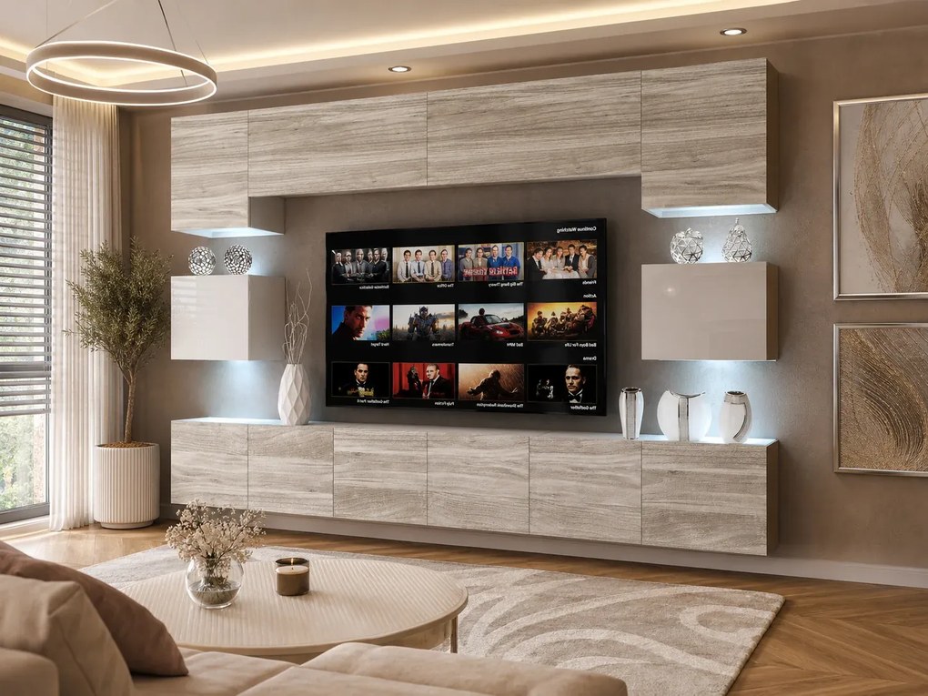 Obývací stěna 300 cm Belini šedý antracit Glamour Wood / bílý lesk Imperium 3 IMP 3/5/W/GW1WGW1/0/0