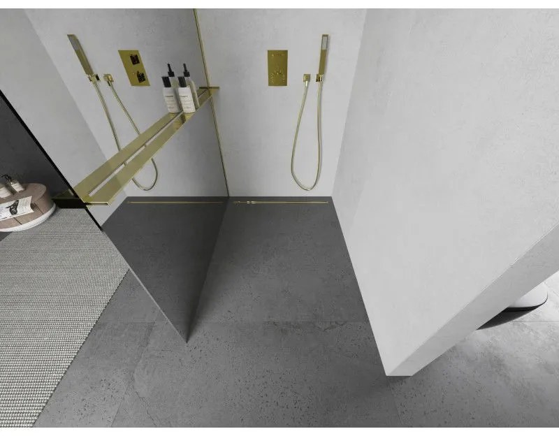 Mexen Kioto+ L, sprchová zástěna Walk-In s poličkou a věšákem 120 x 200 cm, 8mm sklo vzor zrcadlo, zlatý lesklý profil, 800-120-123-50-50