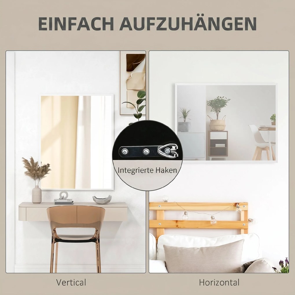 HOMCOM Obdélníkové Zrcadlo Koupelnové Zrcadlo 70x90 cm Dekorativní Zrcadlo pro Obývací Pokoj, Předsíň, Chodbu Horizontálně nebo Vertikálně Bílé