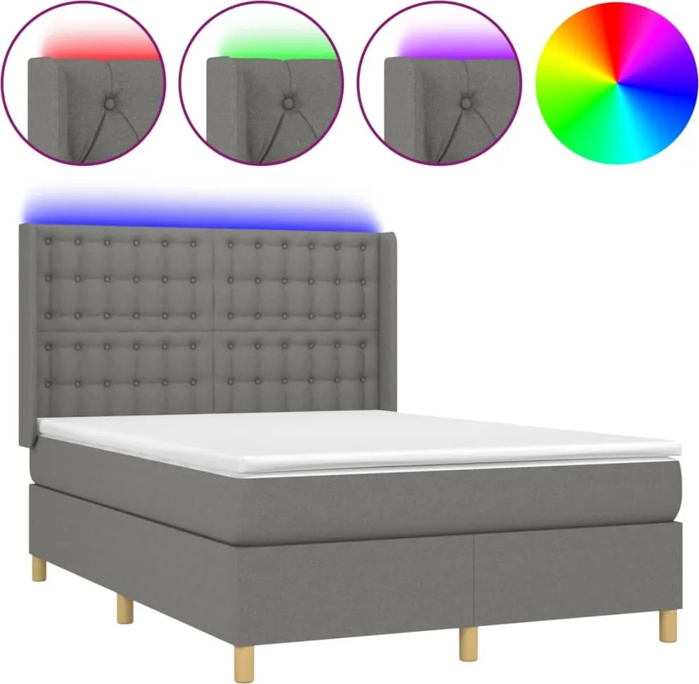 Box spring postel s matrací a LED tmavě šedá 140x200 cm textil 3139198