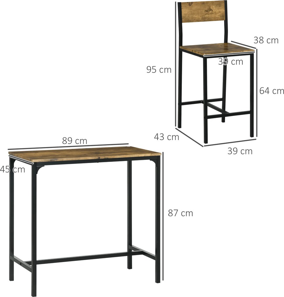 HOMCOM 3dílná barová sada, vysoký stůl, 2 židle, MDF, kovový rám, voděodolné, hnědá