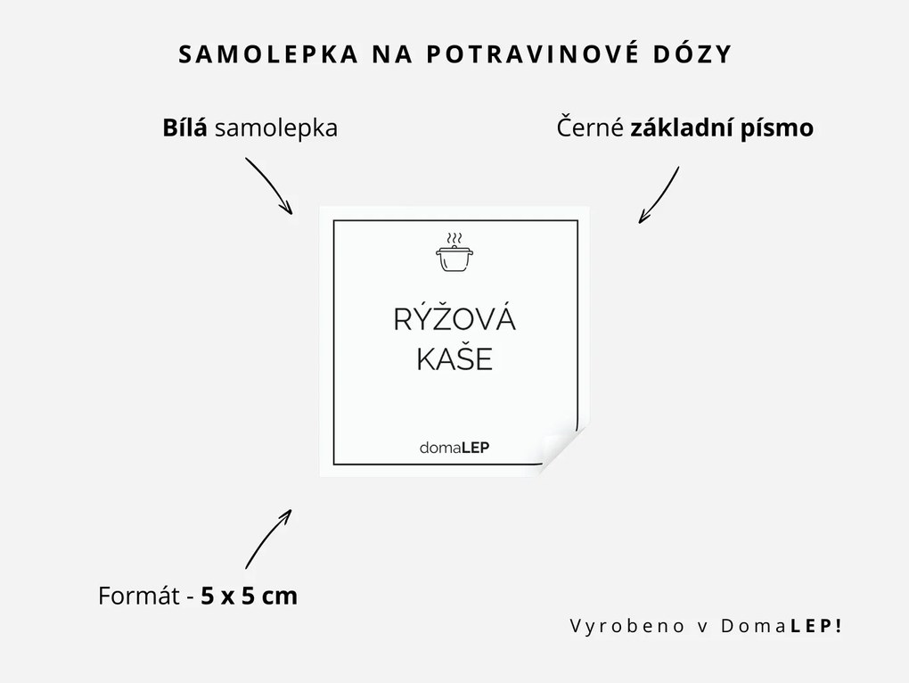 RÝŽOVÁ KAŠE - omyvatelná samolepka na dózu, výběr rozměrů Ø 5 cm / 5 x 5 cm / 6 x 8 cm | DomaLEP tvar: OBDÉLNÍK, barva: BÍLÁ - ČERNÉ písmo, velikost: š. 6 cm x v. 8 cm - tučné písmo
