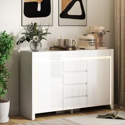 HOMCOM komoda do obývacího pokoje, úložný nábytek s LED osvětlením, 4 zásuvky, dveře s tichým zavíráním, 120 x 34 x 80 cm, vysoký lesk bílá