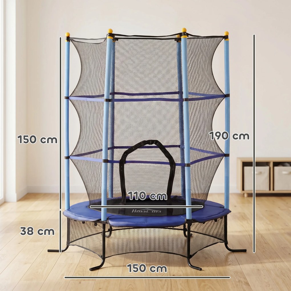 HOMCOM dětská trampolína Ø163 cm, trampolína s ochrannou sítí, kryt okrajů, zahradní trampolína pro děti 3-10 let, max. nosnost 50 kg, modrá