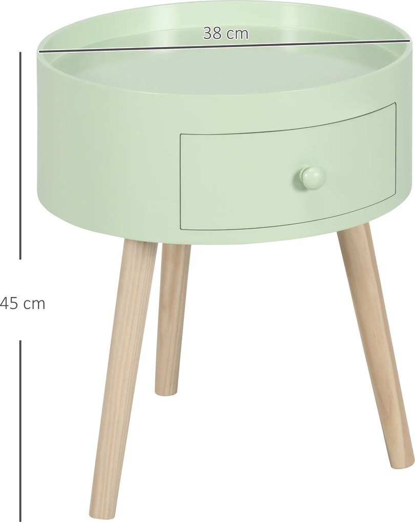 HOMCOM Kulatý Kavový Stolek - Noční Stolek - Kulatý Noční Stolek - Skandinávský Design Stolek se Zásuvkou a Šikmými Pevnými Dřevěnými Nohami Zelený