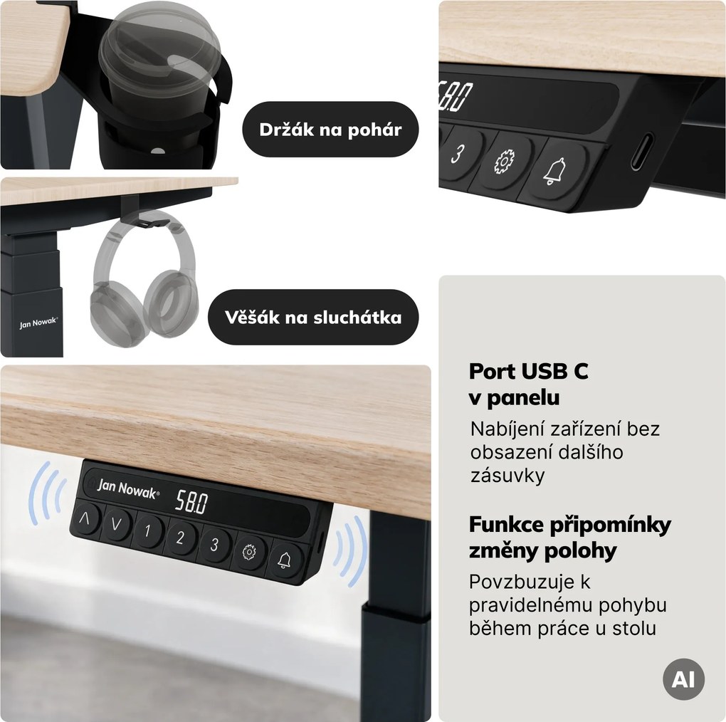 Elektrický stůl s regulací výšky ergonomický antracitový/dub sonoma,1200x600 mm: ARIA