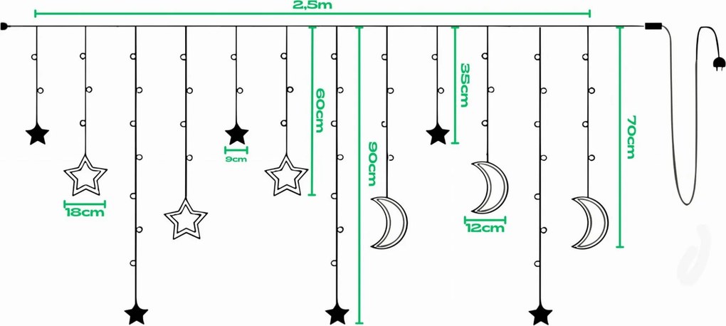 Dekorační LED girlanda HVĚZDY A MĚSÍCE - 2,5 m - teplá bílá