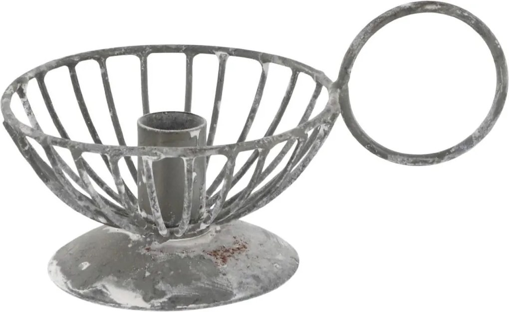 Šedý antik kovový svícen na úzkou svíčku Chamberstick – 11*7*6 cm / Ø 1,2cm