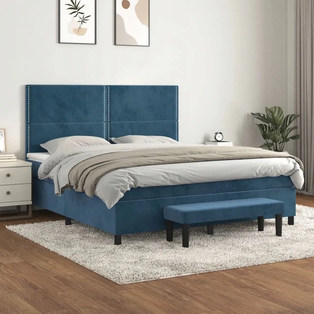 Box Spring Postel S Matrací Tmavě Modrá Samet Tmavě Moddrá Hladké s hřebíky