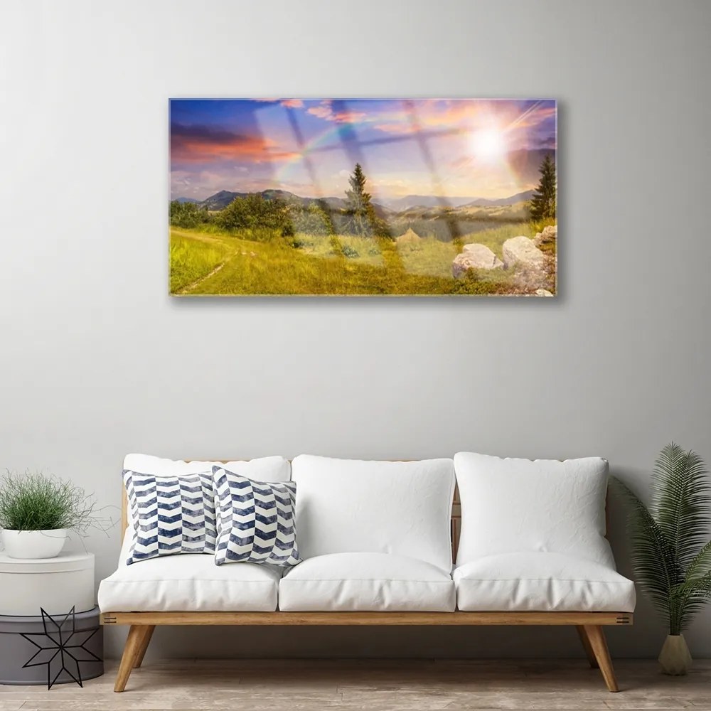 Obraz na skle Hory Louka Kameny Příroda 125x50 cm