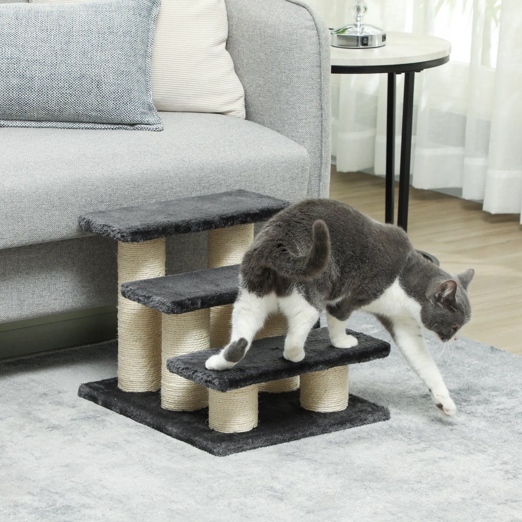 PawHut schody pro psy a kočky 3stupňové schody pro psy schody pro kočky plyšové tmavě šedé 45x35x34cm pro snadný vstup a výstup
