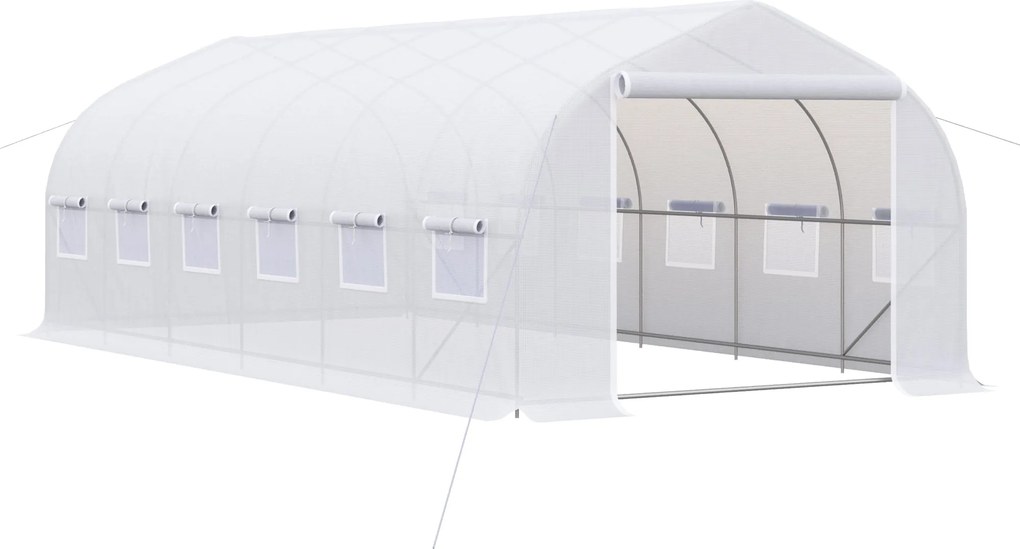 Outsunny Zahradní tunelový skleník 6x3x2m Velký zahradní skleník s 12 okny a rolovacím zipem Metal Frame pro pěstování rostlin Bílá | Aosom