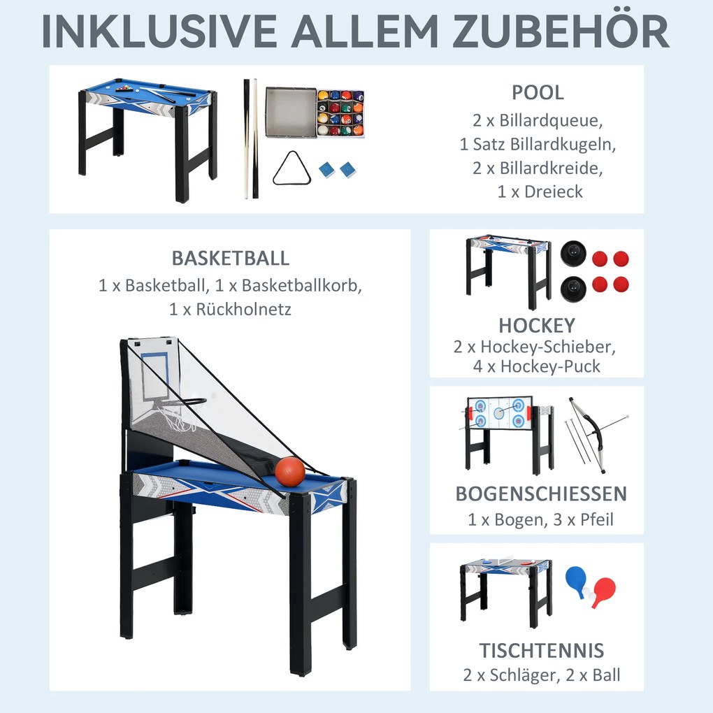 SPORTNOW 5-v-1 Multihra Kancelářský stůl s pingpongem, kulečníkem, hokejem, basketbalem a lukostřelbou pro dospělé 91 x 45,5 x 76 cm Černá+Modrá