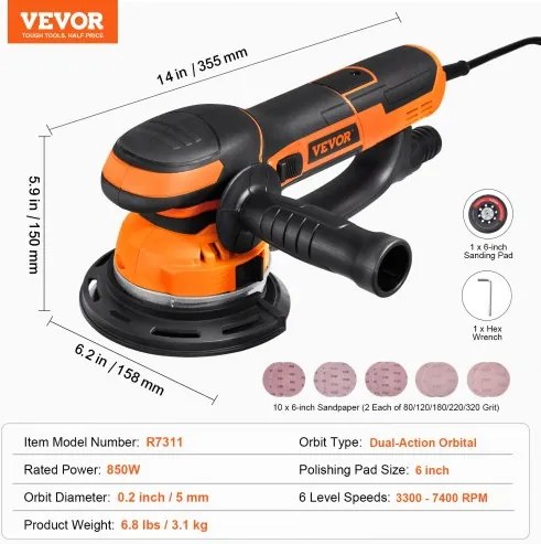 Random Orbital Sander 15,2 cm Dual-Action Sander 10 ks brusných papírů 6 rychlostí