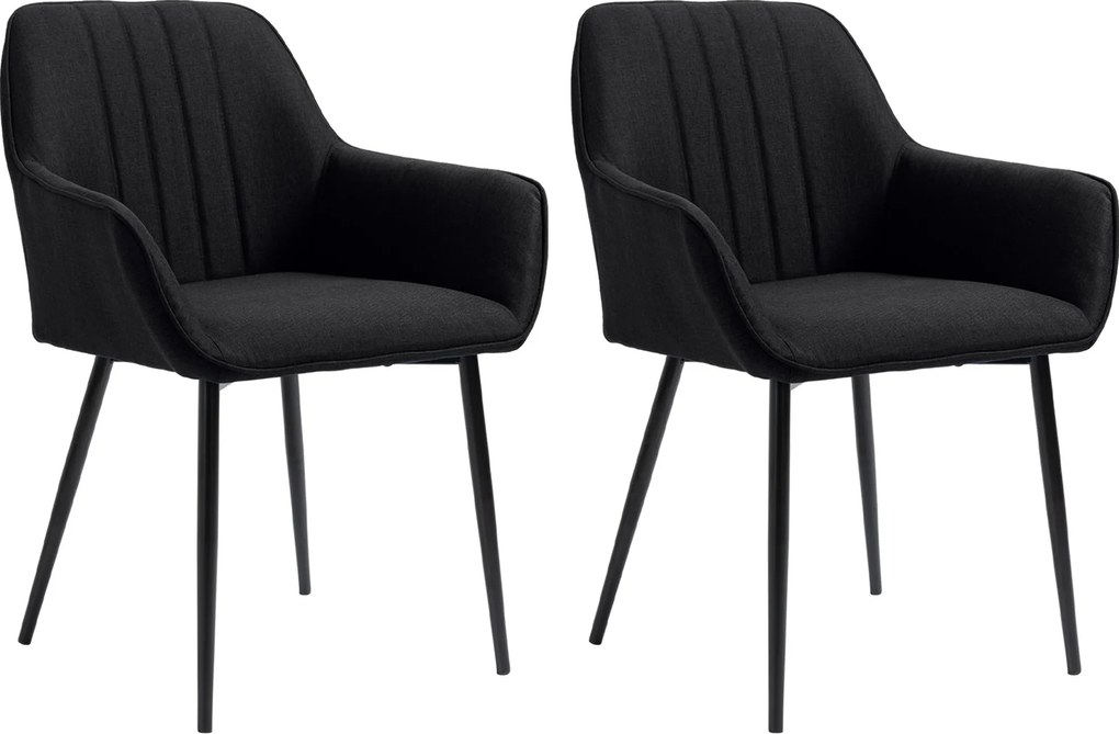 Jídelní židle HOMCOM v severském designu - Sada 2 židlí - Černé zkosené kovové nohy - Ergonomické lněné černé sedáky, opěradla a područky