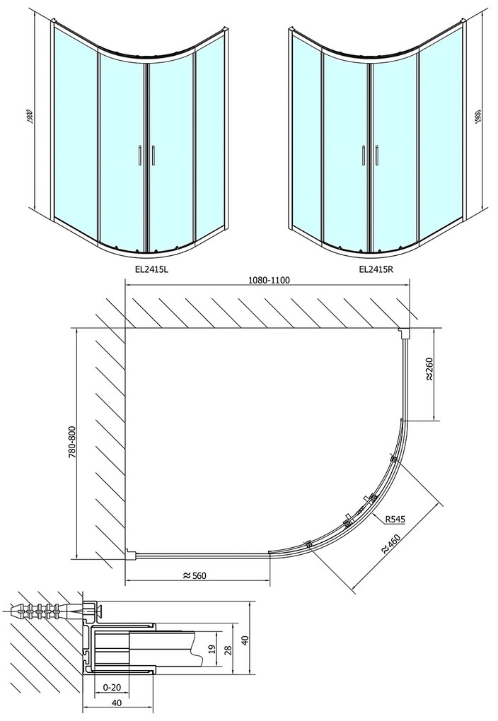 Polysan, EASY LINE čtvrtkruhová sprchová zástěna 1100x800mm, L/R, čiré sklo, EL2415