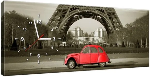 Tištěný obraz s hodinami Červené auto před Eiffelovou věží v Paříži 100x40cm ZP3533A_1I