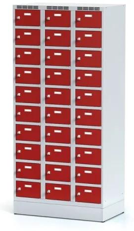 Alfa 3 Šatní skříňka na soklu s úložnými boxy, 30 boxů, červené dveře, otočný zámek