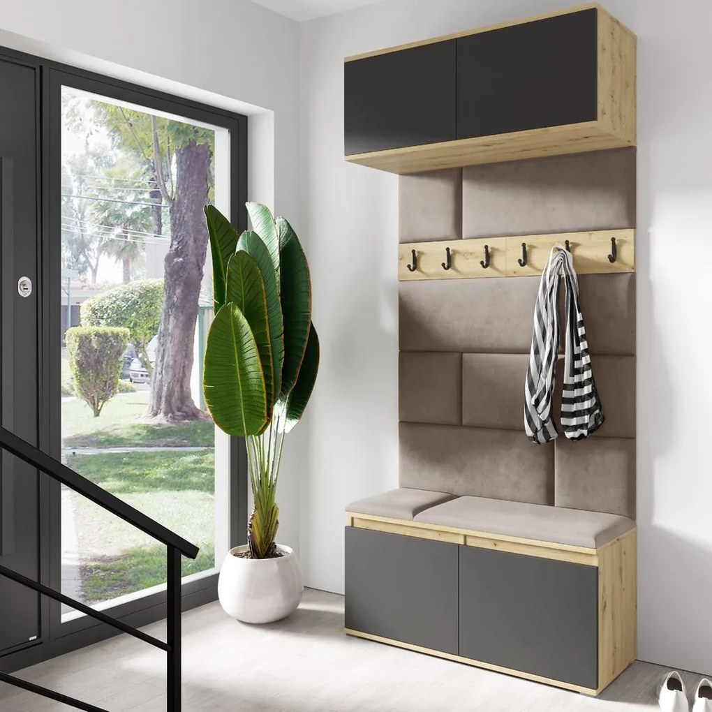 Eka Předsíňová stěna s čalouněnými panely Trinity 23 - Dub Artisan s černou / Tmavá béžová 2305