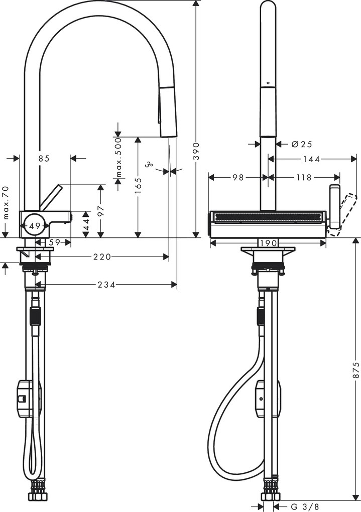 Hansgrohe Aquno Select M81, páková kuchyňská baterie 170, vytahovatelná sprška, 3jet, černá matná, HAN-73837670